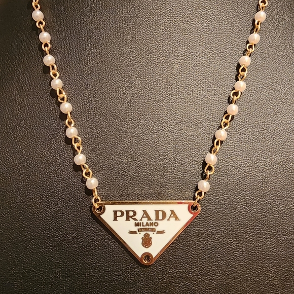 Prada | Jewelry | Authentic Prada Emblem Finding On Pearl Rosary Chain ...